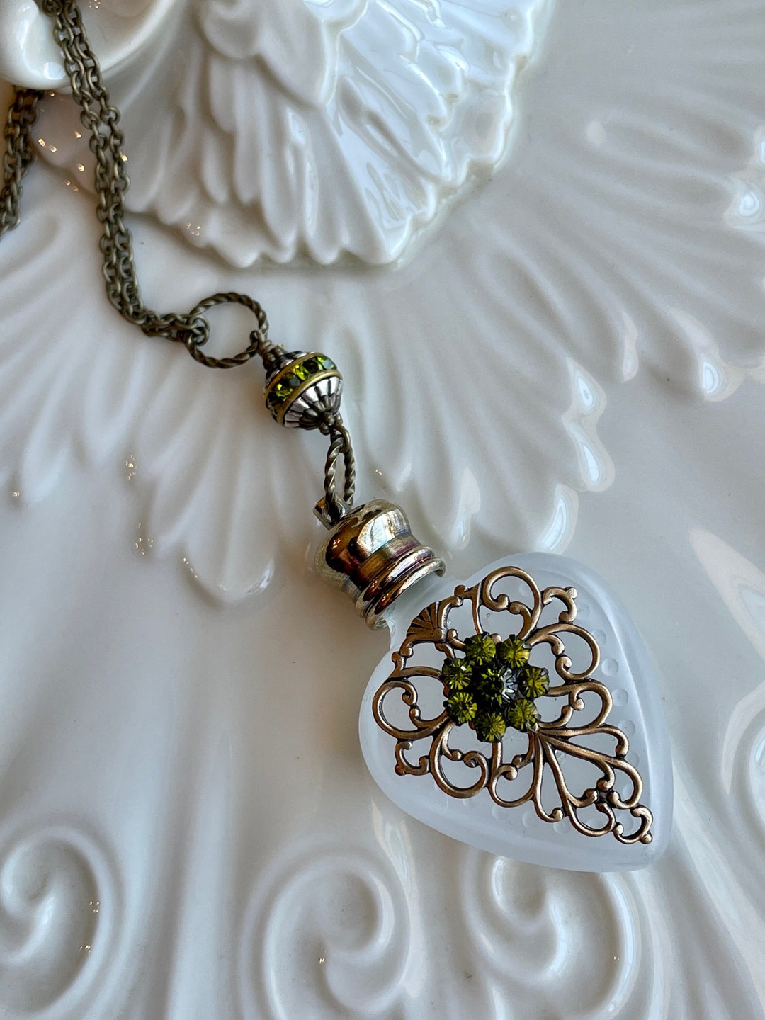 Essential Oil Perfume Bottle Necklace Olivine Green Rhinestone Heart ...