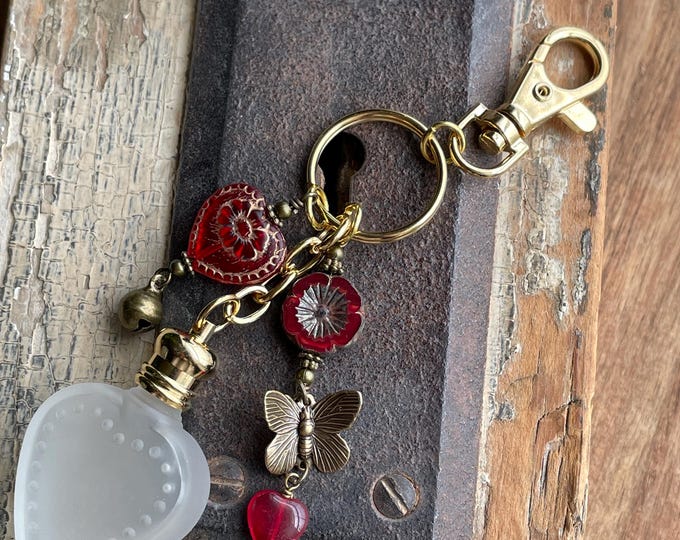 Perfume Bottle Keychain With Hearts, Butterfly and Bells Purse Charm ...