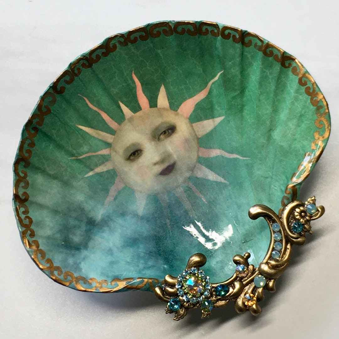 Decoupaged Shell Jewelry Dishjewelry Dish, Shell Dish, Moon Large Shell ...
