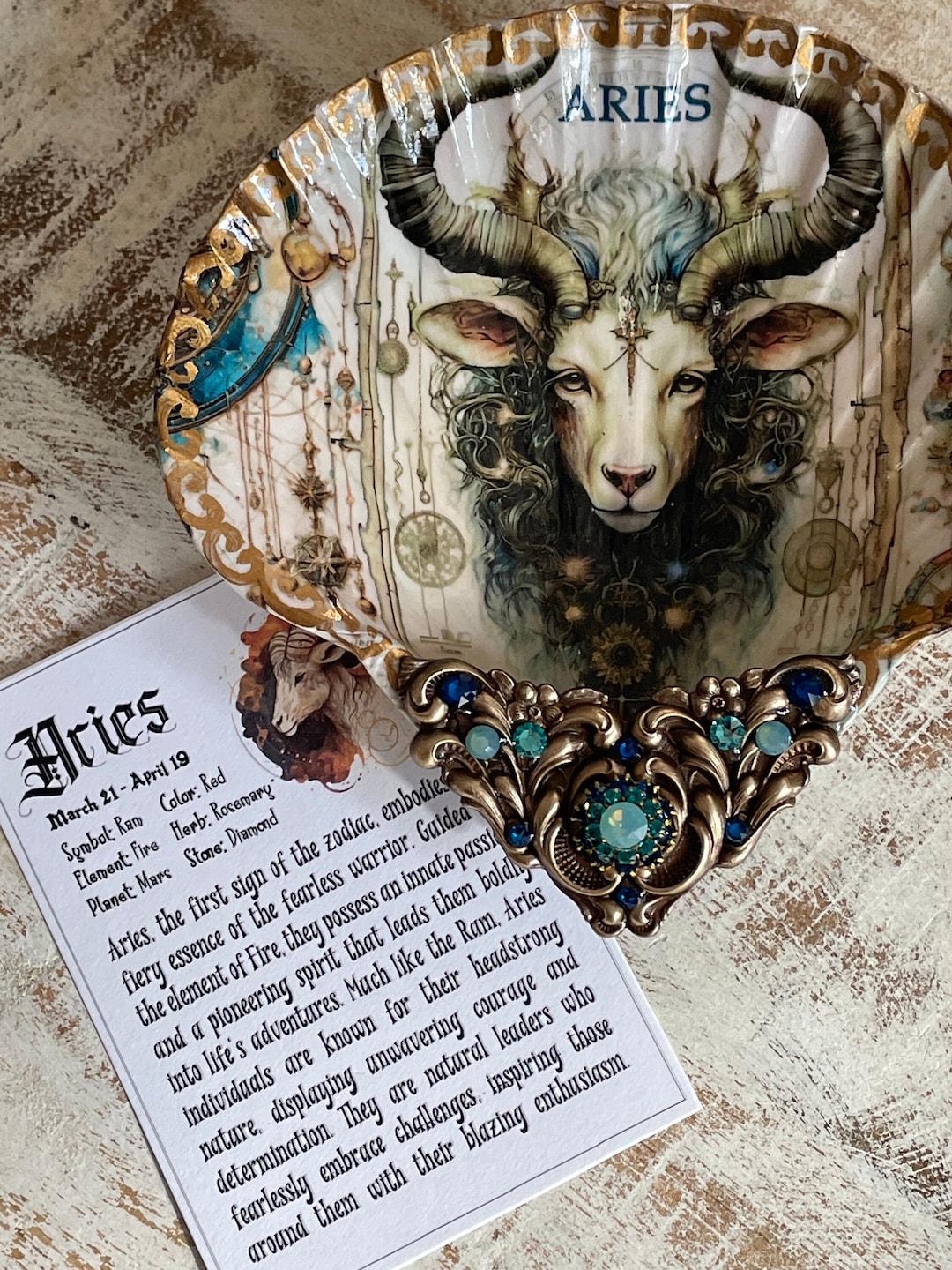 Aries Zodiac Decoupaged Shell Ring, Jewelry, Trinket Dish - Etsy