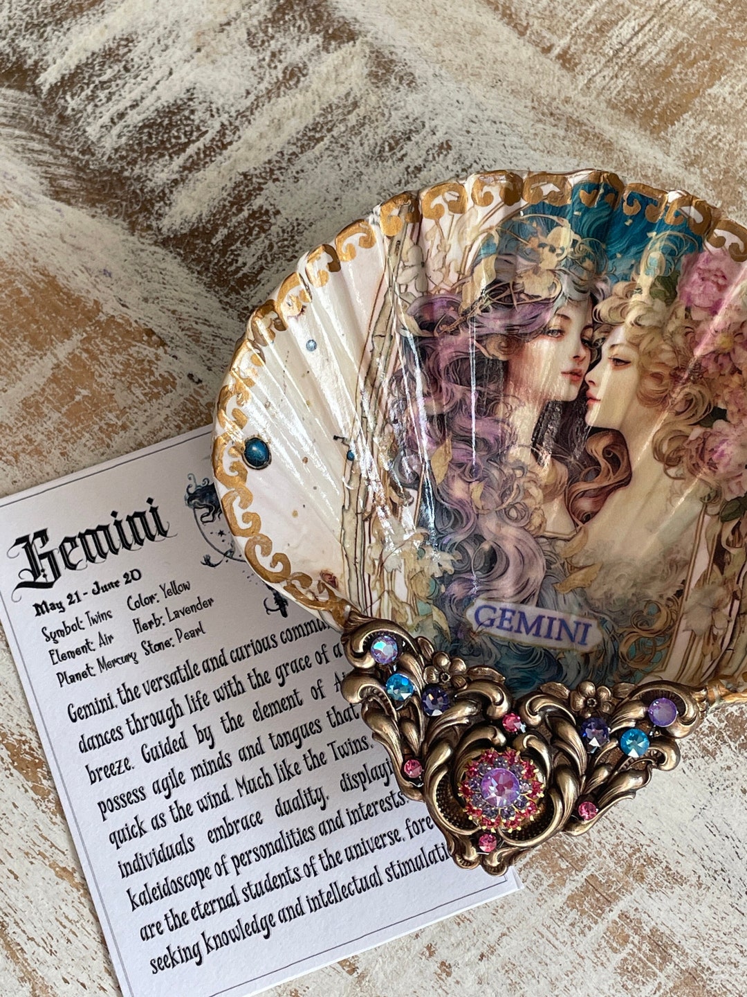 Gemini Zodiac Decoupaged Shell Ring, Jewelry, Trinket Dish - Etsy