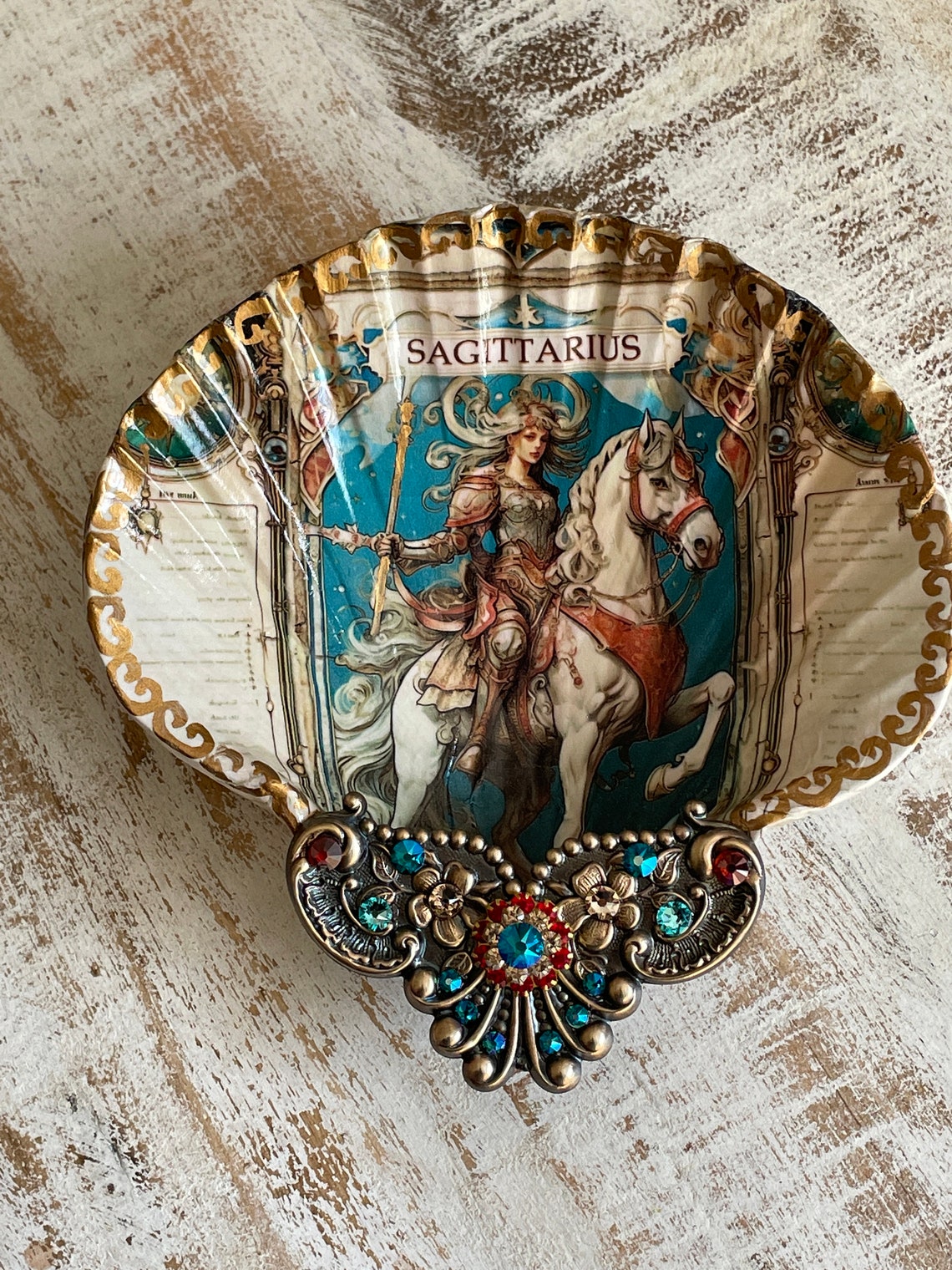 Sagittarius Zodiac Decoupaged Shell Ring, Jewelry, Trinket Dish - Etsy