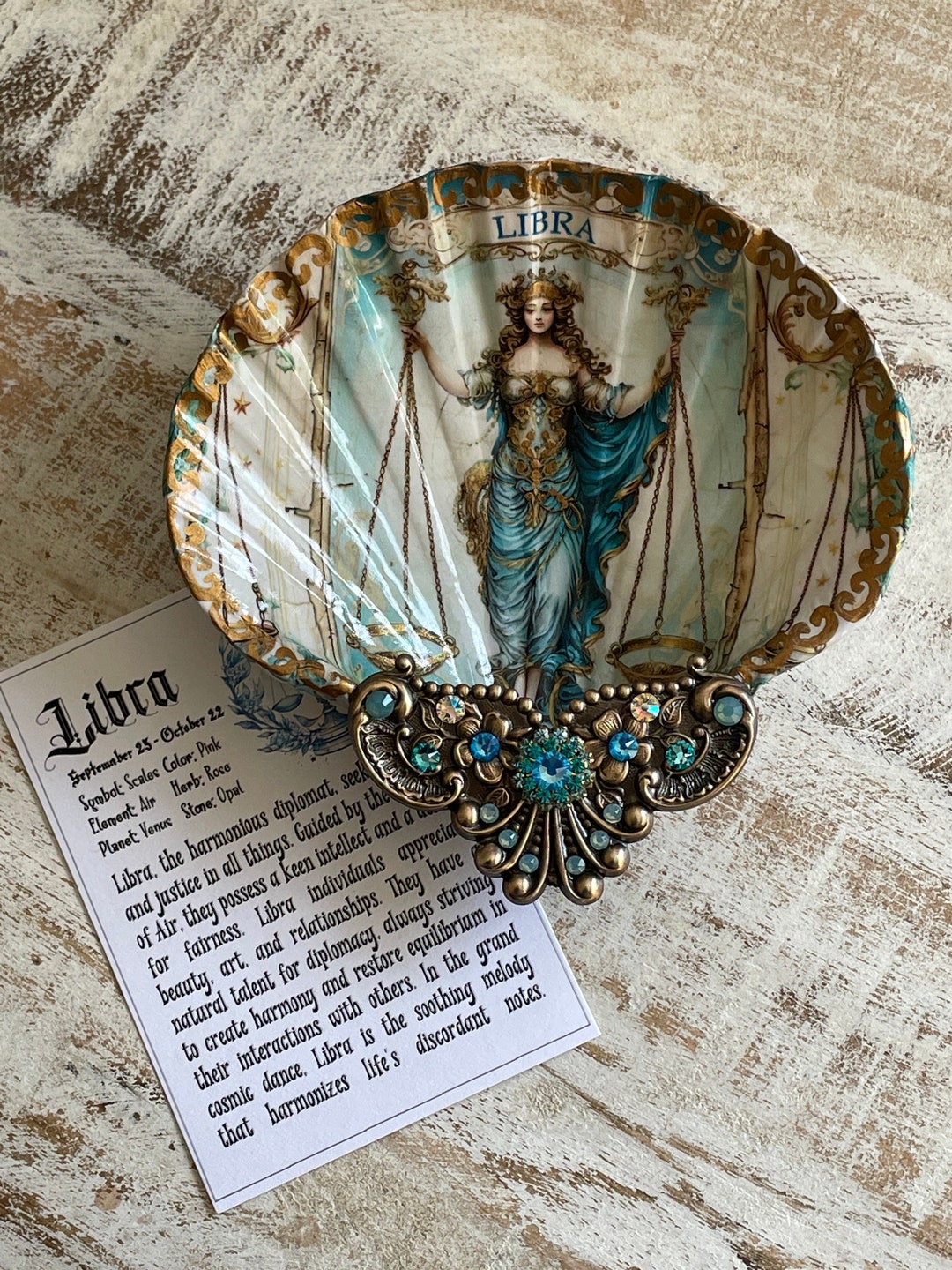Libra Zodiac Decoupaged Shell Ring, Jewelry, Trinket Dish - Etsy