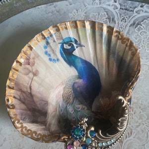 Decoupaged Shell Jewelry Dish, Peacock Shell Jewelry, Coastal Decor ...