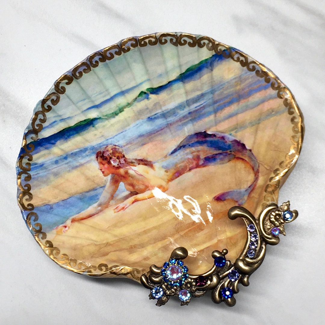 Decoupaged Mermaid Shell Trinket Dish: Vintage Art, Swarovski Crystals ...