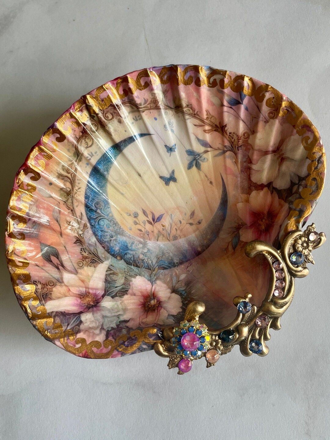 Decoupaged Shell Jewelry Dishjewelry Dish, Shell Dish, Moon Large Shell ...