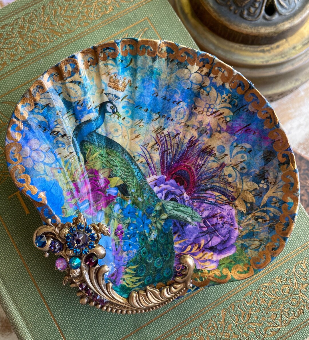 Decoupaged Shell Jewelry Dish: Peacock, Roses, and Rhinestone Filigree ...