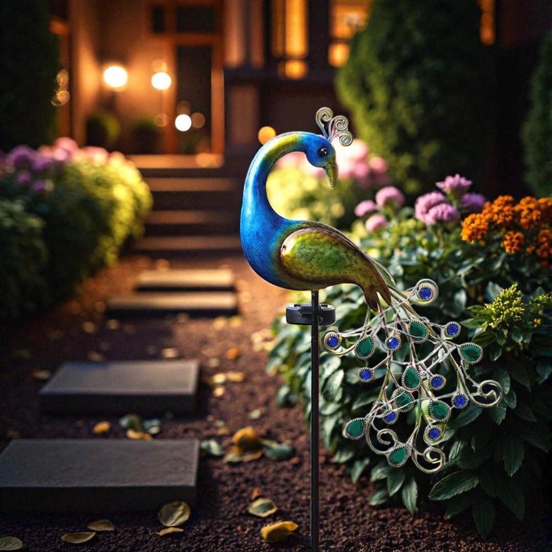 Peacock Garden Statue Solar Light – Metal Outdoor Yard Bird Decor ...