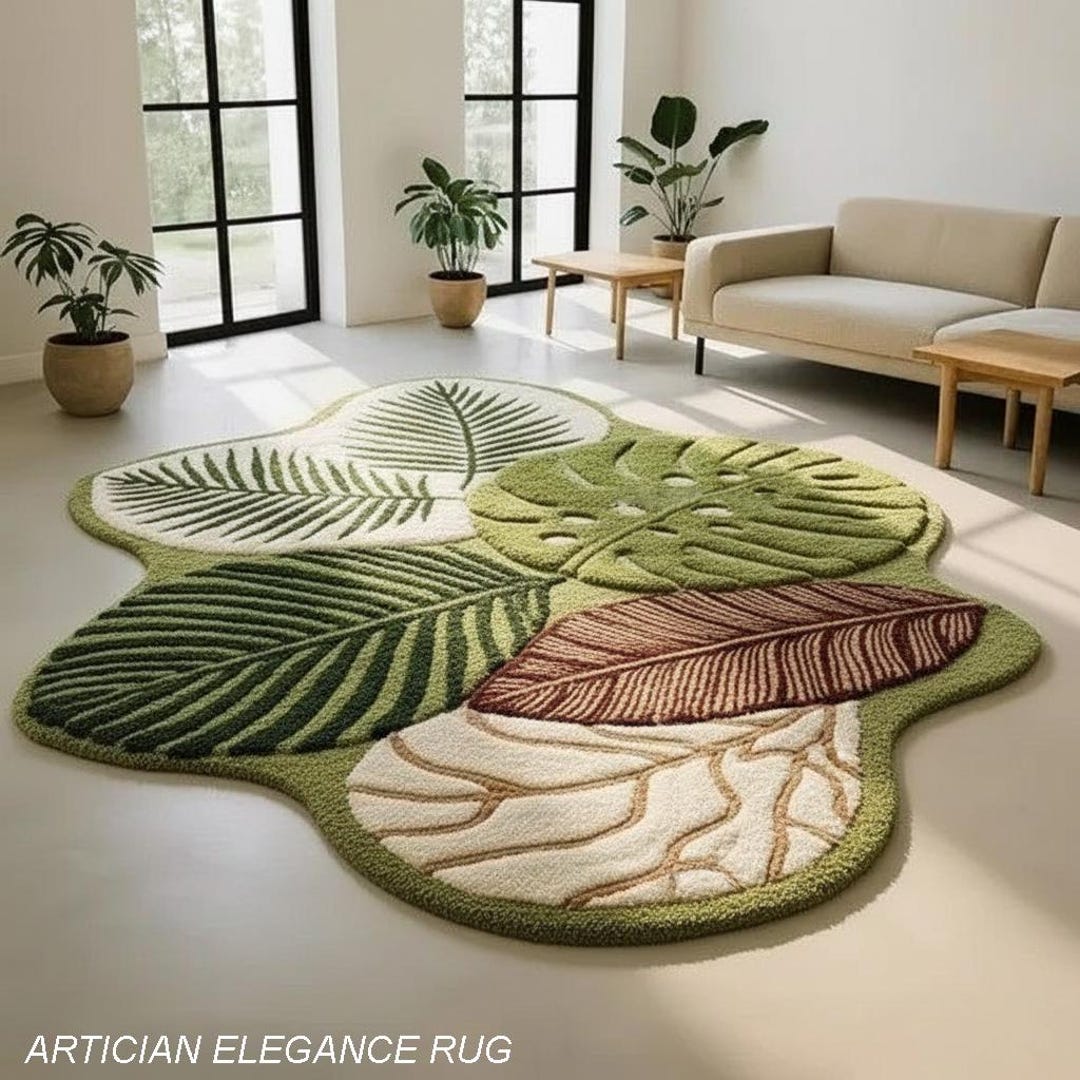 Tropical Leaf Design Hand-tufted Wool Rug | Organic Shaped Wool Rug ...