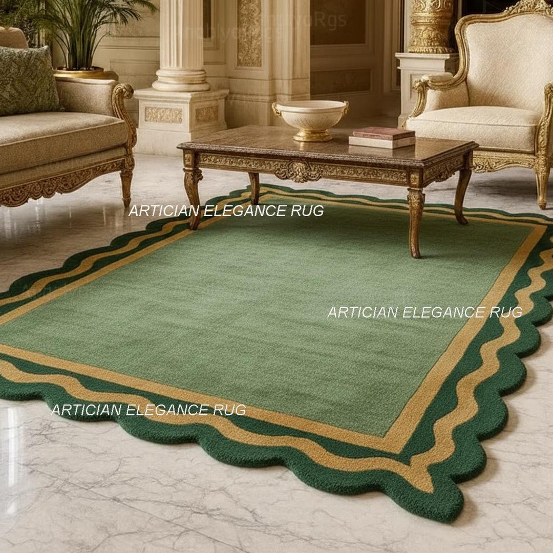 Regal Green Scallop Border Hand-tufted Wool Rug | Classic Green ...