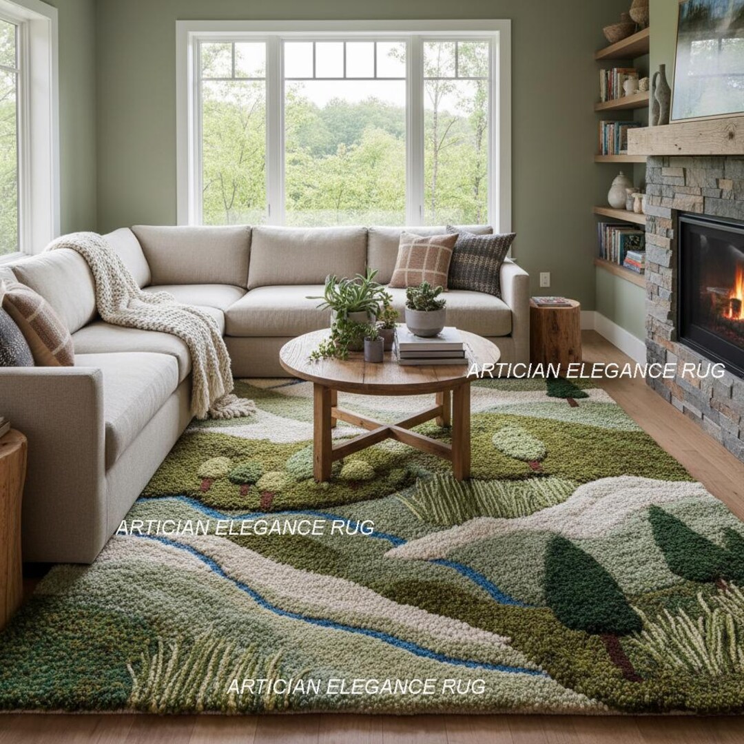 Moss Green Forest Tufted Rug | Flowing River Artistic Wool Rug | Green ...
