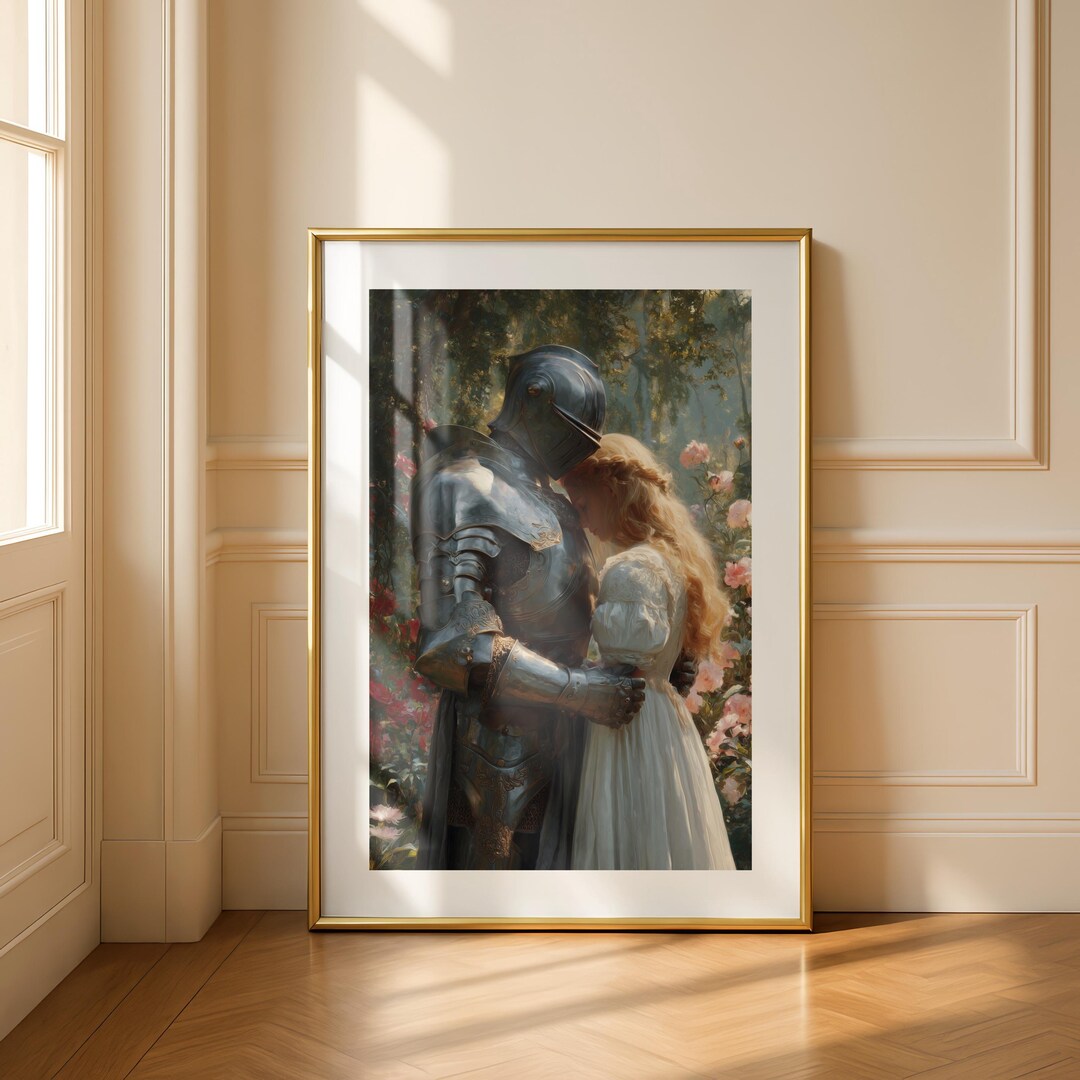 Romantic Knight and Maiden Embrace Print - Medieval Fantasy Wall Art ...