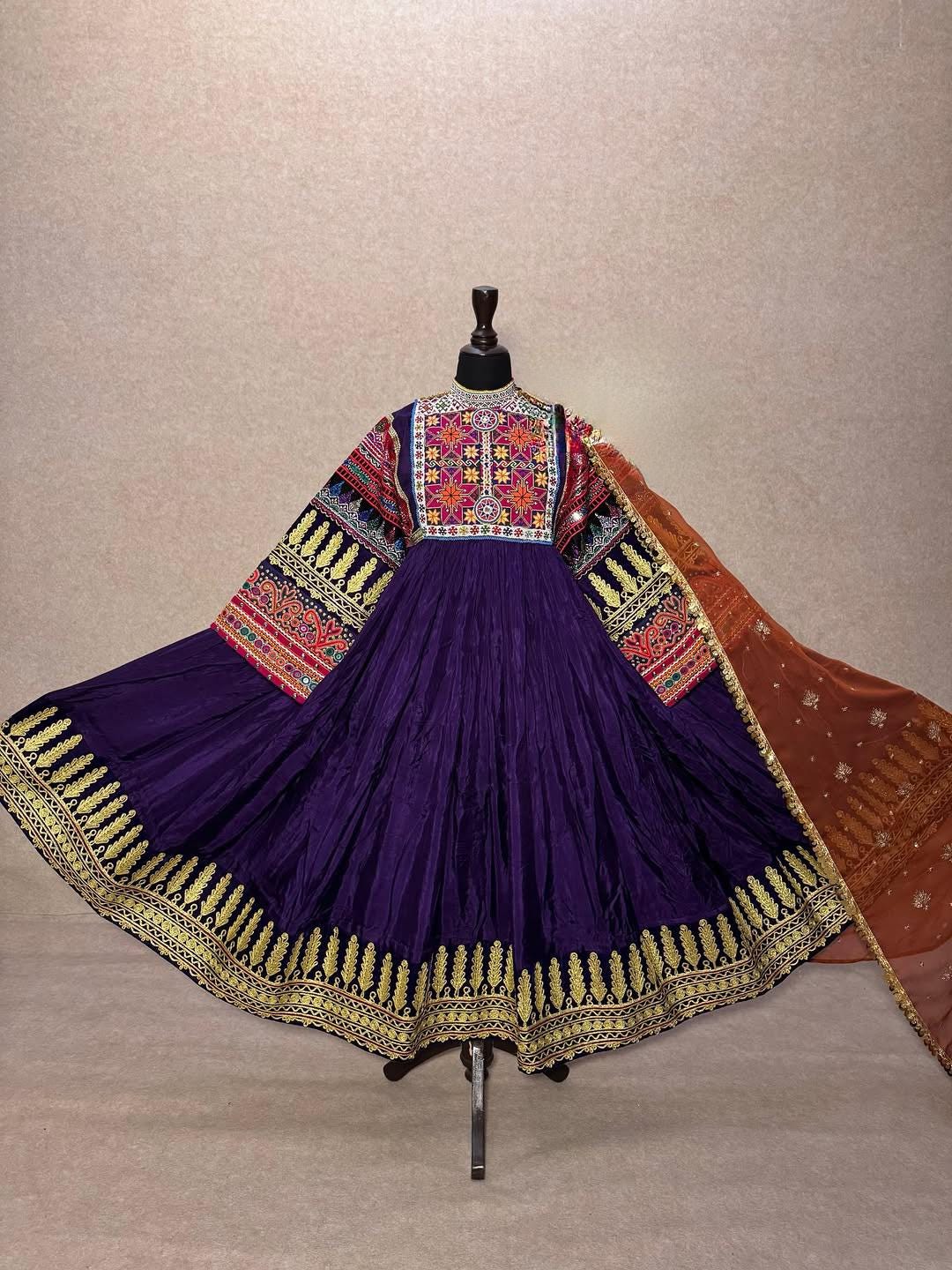 Royal Purple Afghan Kuchi Dress | Hand Embroidered Traditional Anarkali ...