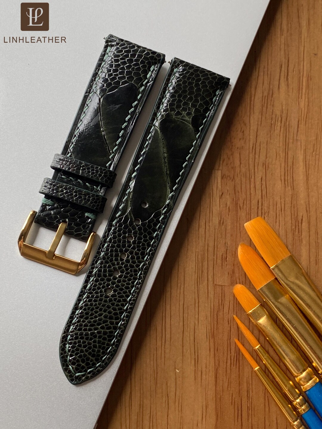 Handmade Dark Green Ostrich Foot Leather Watch Strap, Green Watch Band ...