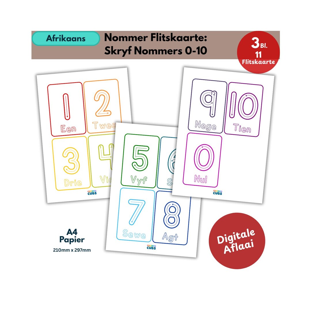 Afrikaans Number Tracing Flashcards | Skryf Nommers 0–10 | Preschool ...
