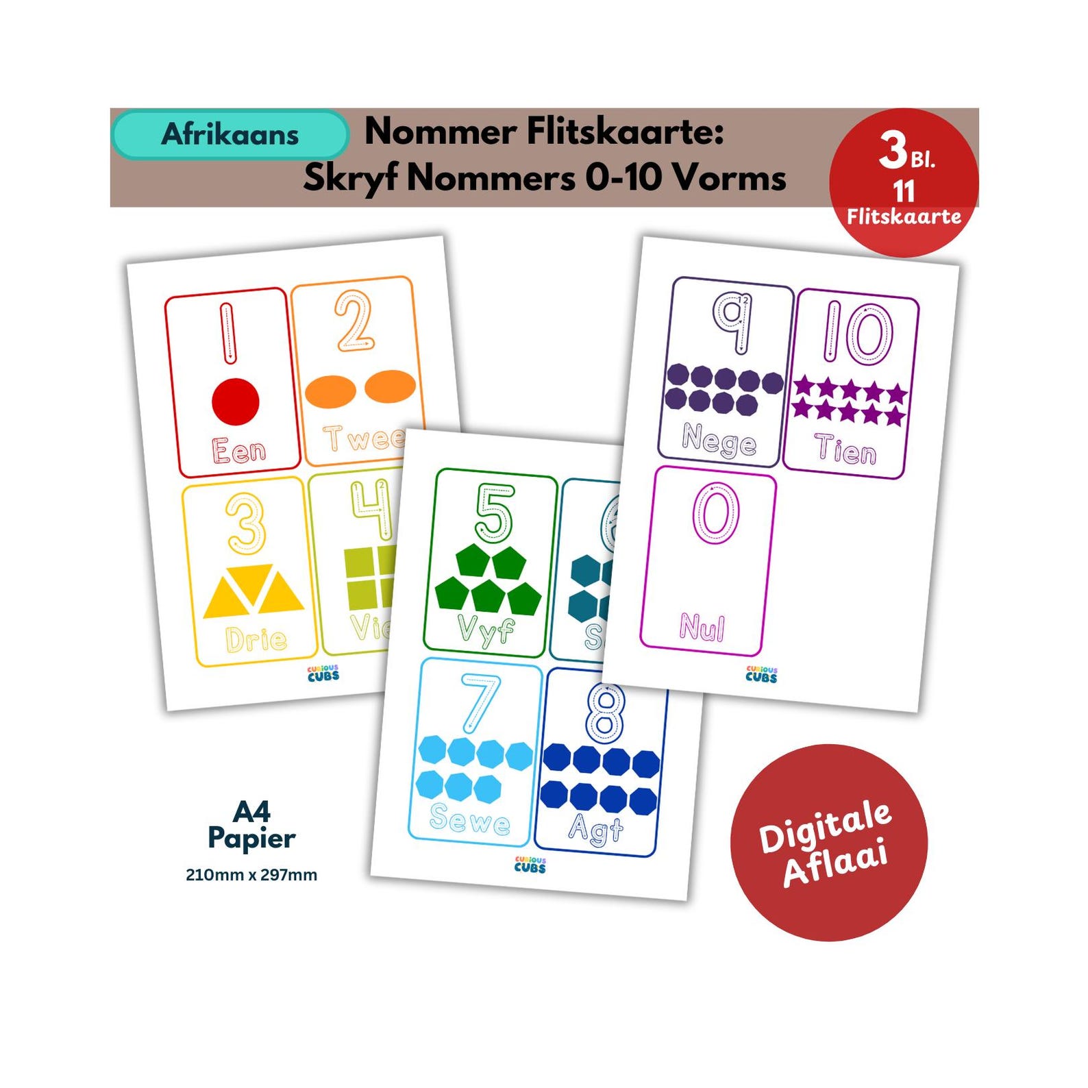 Afrikaans Number Flashcards – Write Numbers 0–10 | Shapes Counting ...