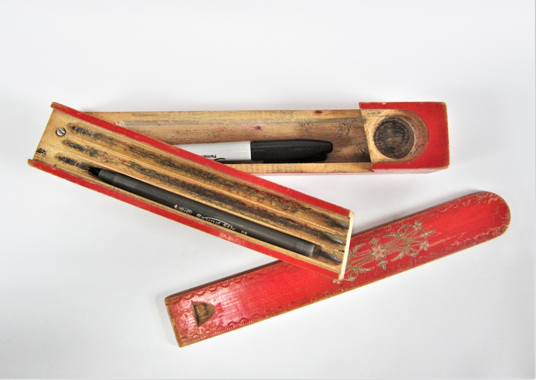 Antique Wood Box SLIDING LID Pencil Box With SWIVEL Compartments and ...