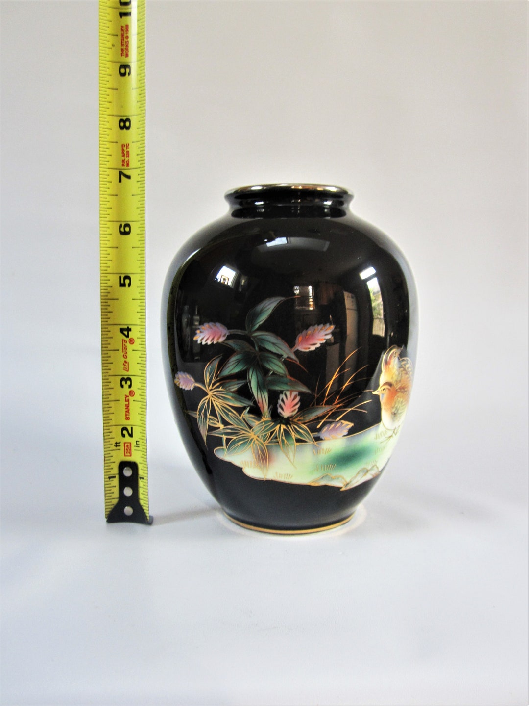 Vintage Shippo Enamel Vase BIRDS and BOTANICALS Black IKEBANA Vase ...