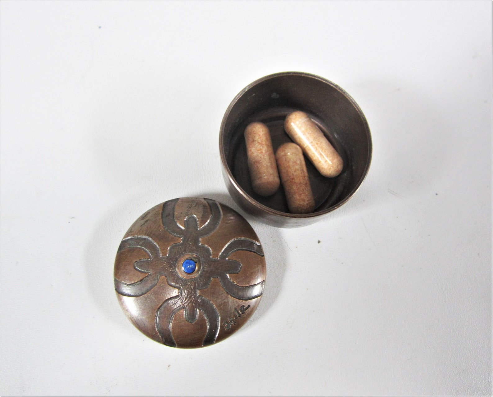 Vintage Trinket Box Copper Pill Box Snuff Handmade With LAPIS - Etsy