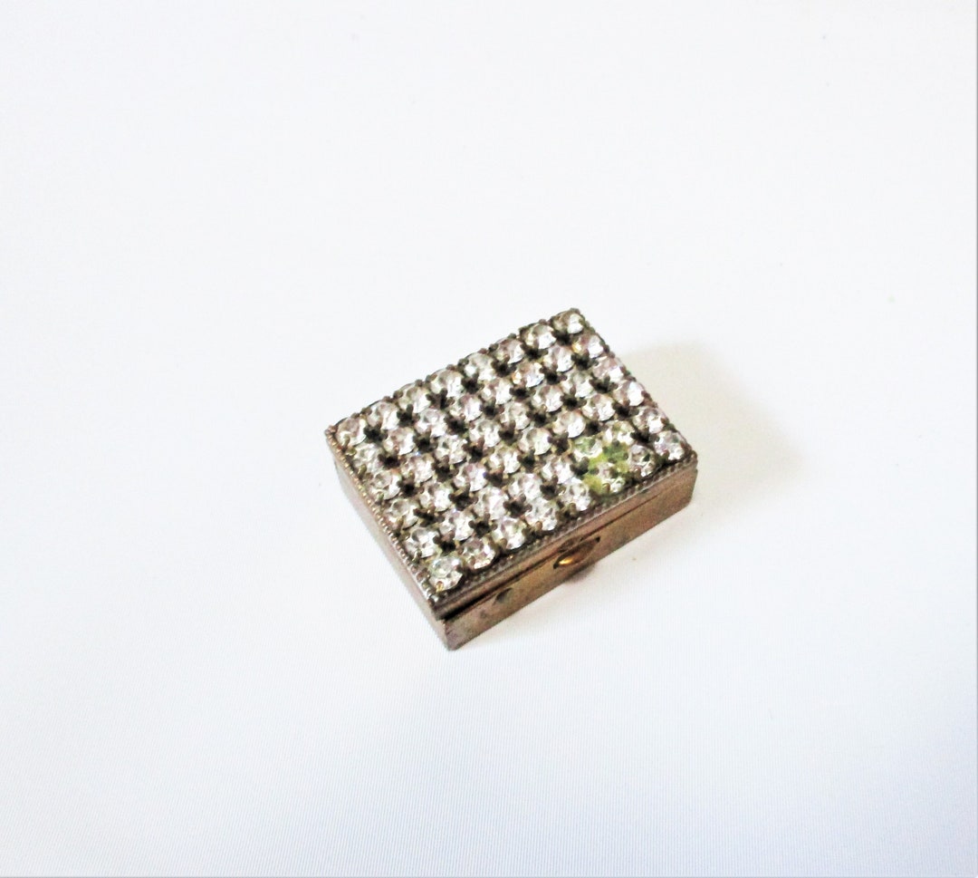 Vintage Pill Box Brass ART DECO Rhinestones SHIMMERING Trinket Box Pill ...