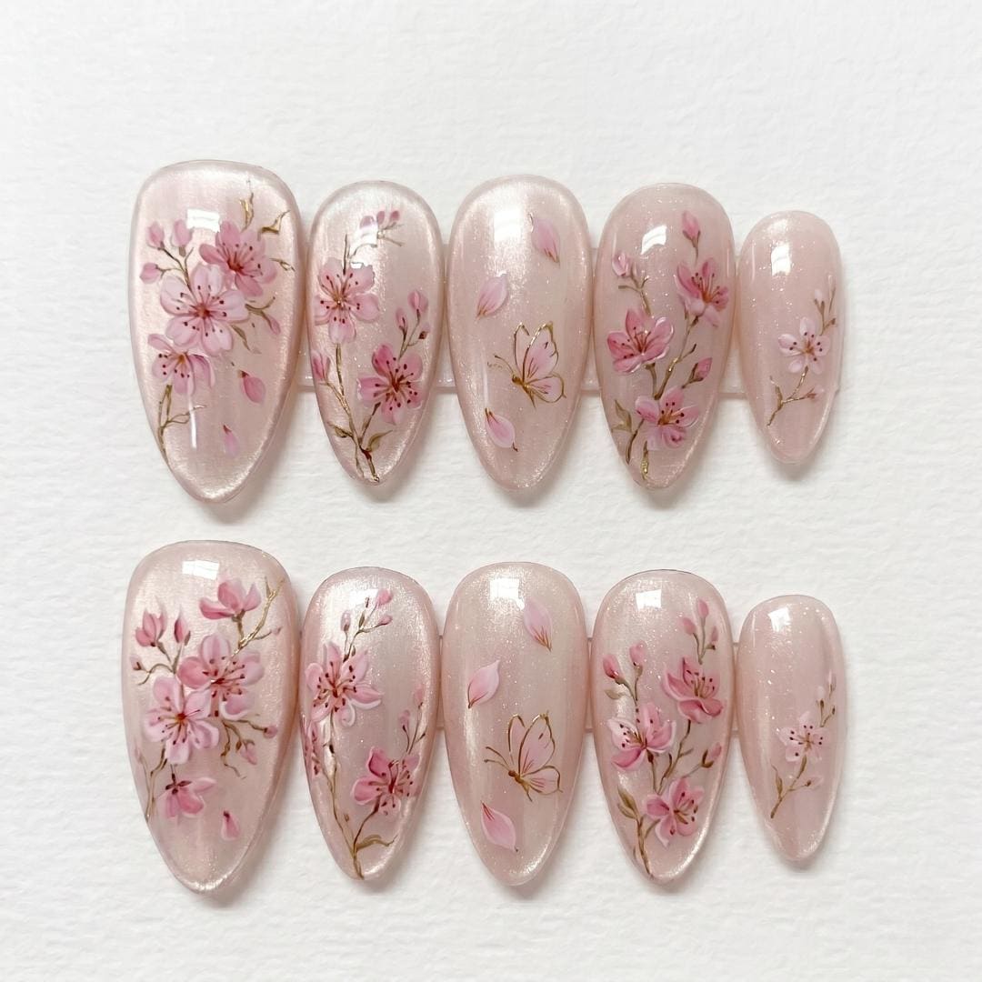 Cherry Blossom Press on Nails, Sakura Nail Art With Butterfly, Handmade ...