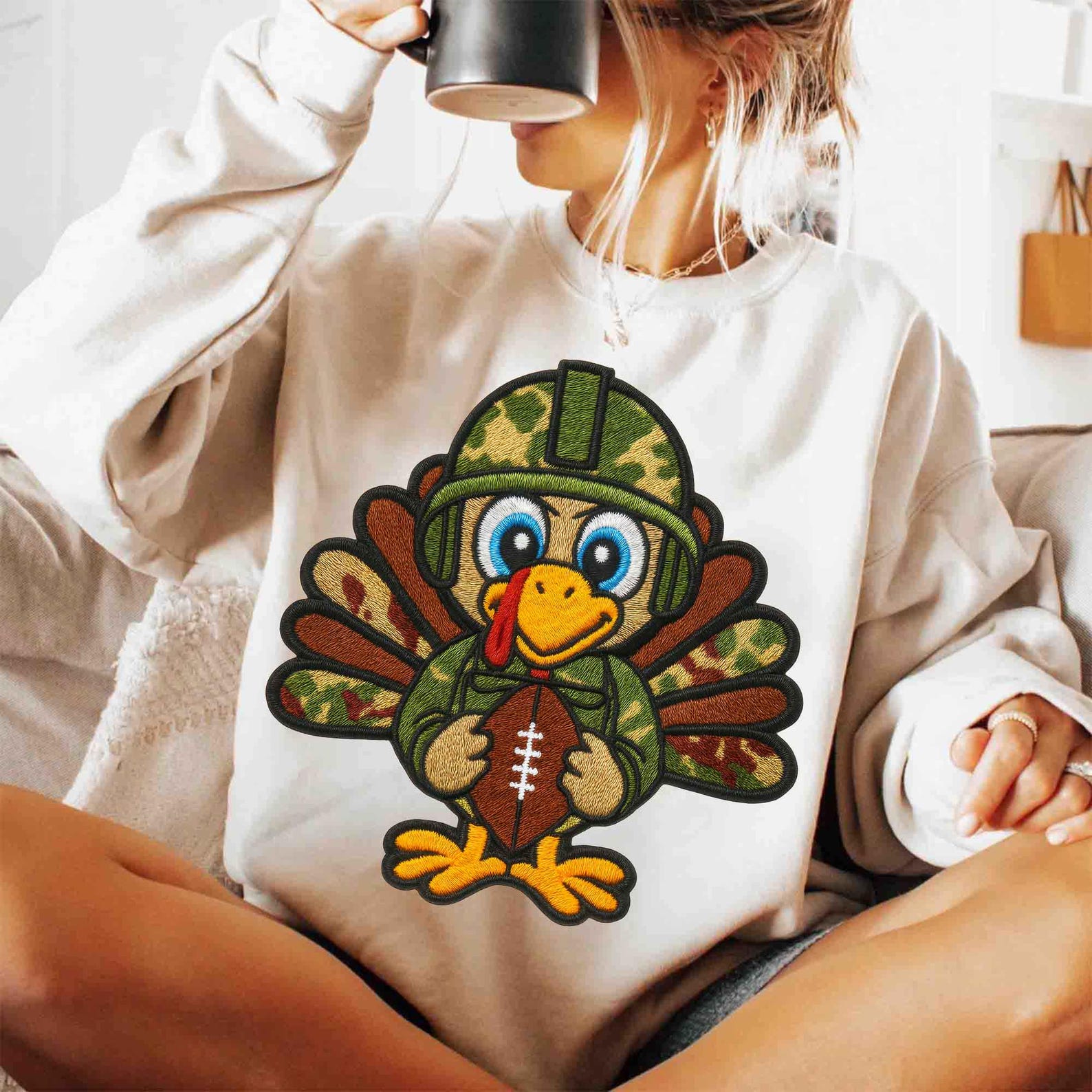 Camo Turkey With Football Png, Thanksgiving Faux Yarn Digital Design ...