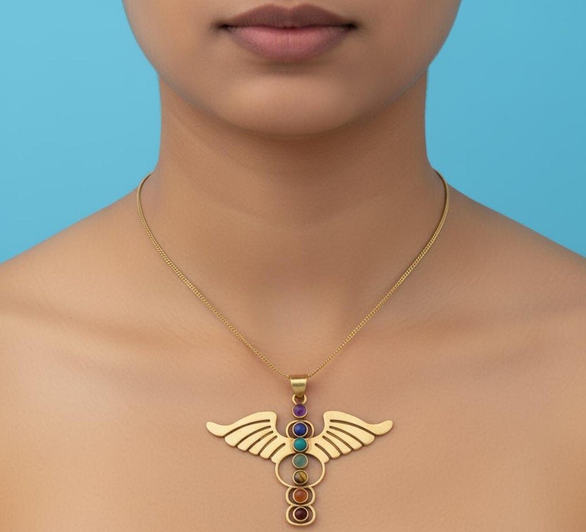 7 Chakra Caduceus Pendant Necklace | Healing Gemstone Winged Amulet ...