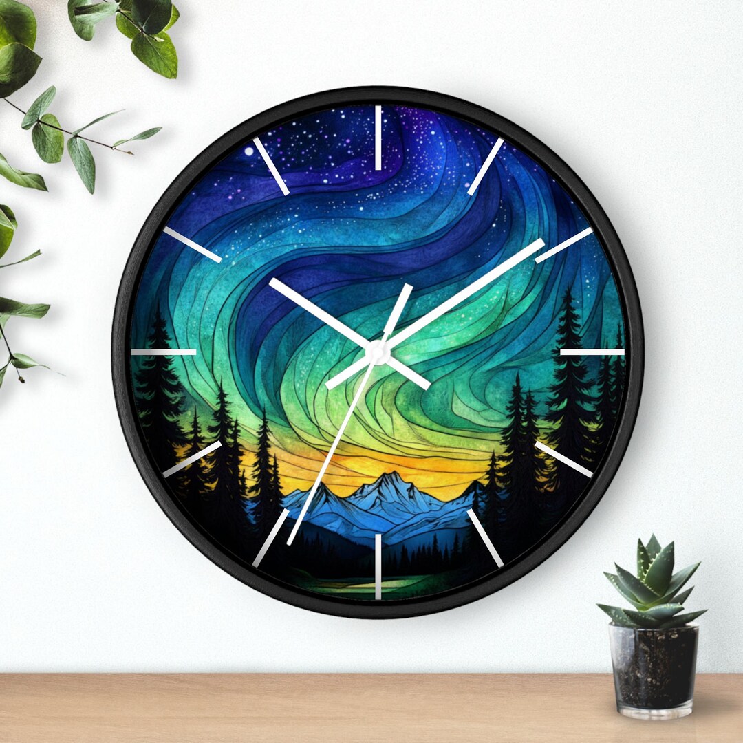 Aurora Borealis Wall Clock, Northern Lights Faux Stained Glass Art ...