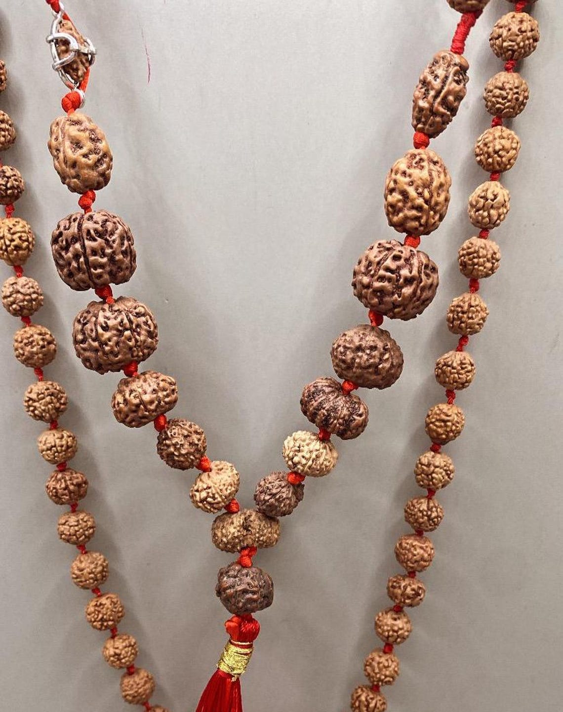 Indonesian Siddha Mala (1-14 Mukhi, Ganesh, Gauri Shankar) in Red Silk ...