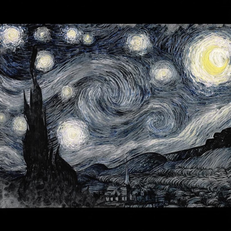 Vincent Van Gogh, Starry Night, Water Color, Black and Grey - Etsy