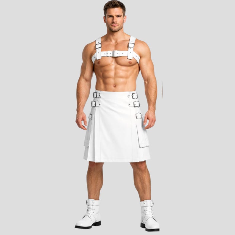 Men’s White Leather Kilt With Chest Harness | Genuine Leather Warrior ...