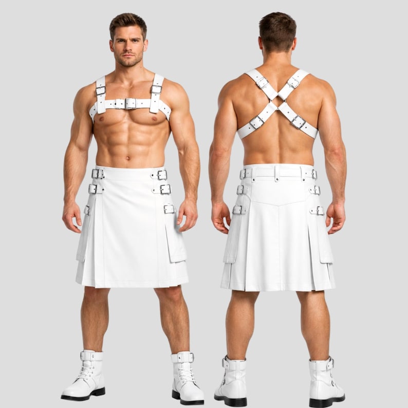 Men’s White Leather Kilt With Chest Harness | Genuine Leather Warrior ...