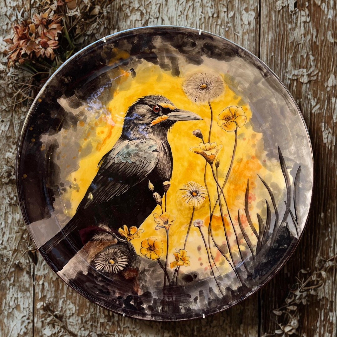 Raven Ceramic Art Plate | Hand-painted Crow Wall Décor | Nature ...