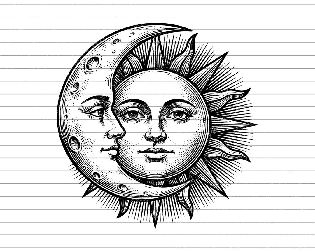 Sun and Moon Face Vector Illustration, SVG, PNG, JPG, Sun Moon Art, Sun ...