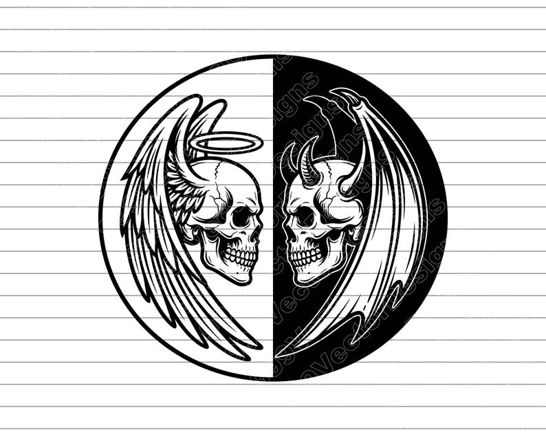 Angel Skull Vector Illustration, SVG, PNG, JPG, Devil Skull, Duality ...
