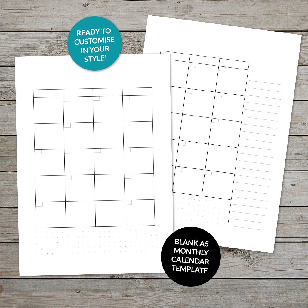 Printable Blank Calendar Template for Notebook or Planner Blank Monthly ...