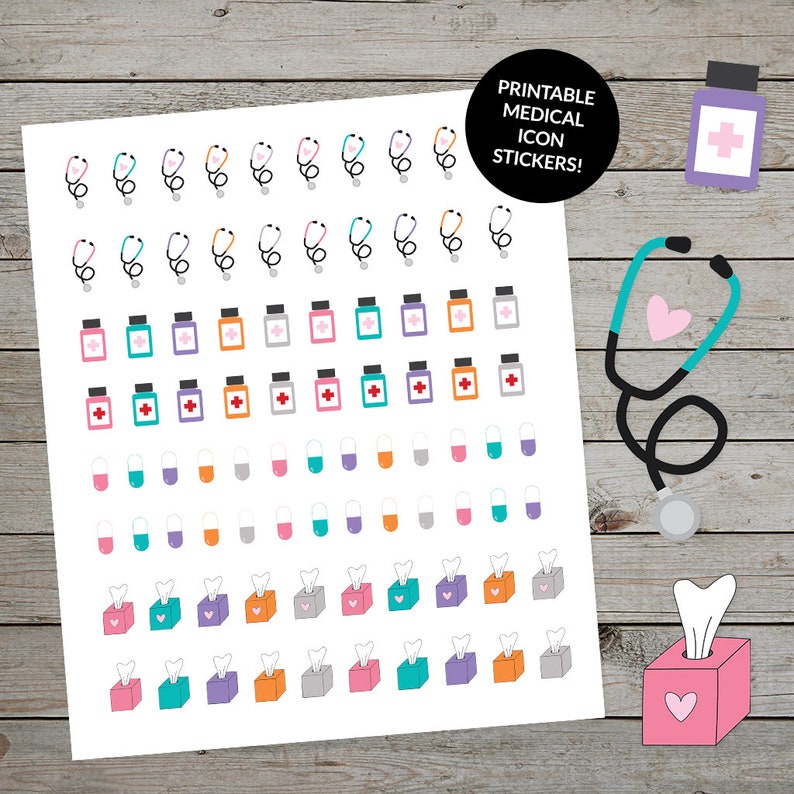 Medical Stickers Printable Set - Planner Stickers - Cute Medical Icons ...