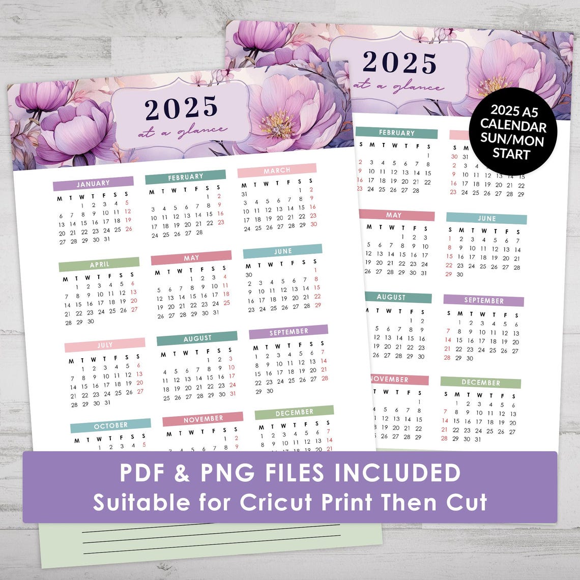 2025 Watercolor Floral Calendar | Printable A5 Yearly Calendar for ...