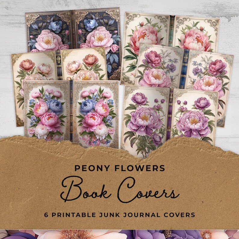 Printable Vintage Junk Journal Book Covers | Watercolor Peony Flowers ...
