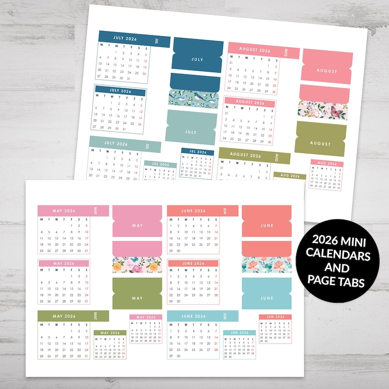 2026 Mini Calendar Stickers With Monthly Tabs & Floral Covers ...