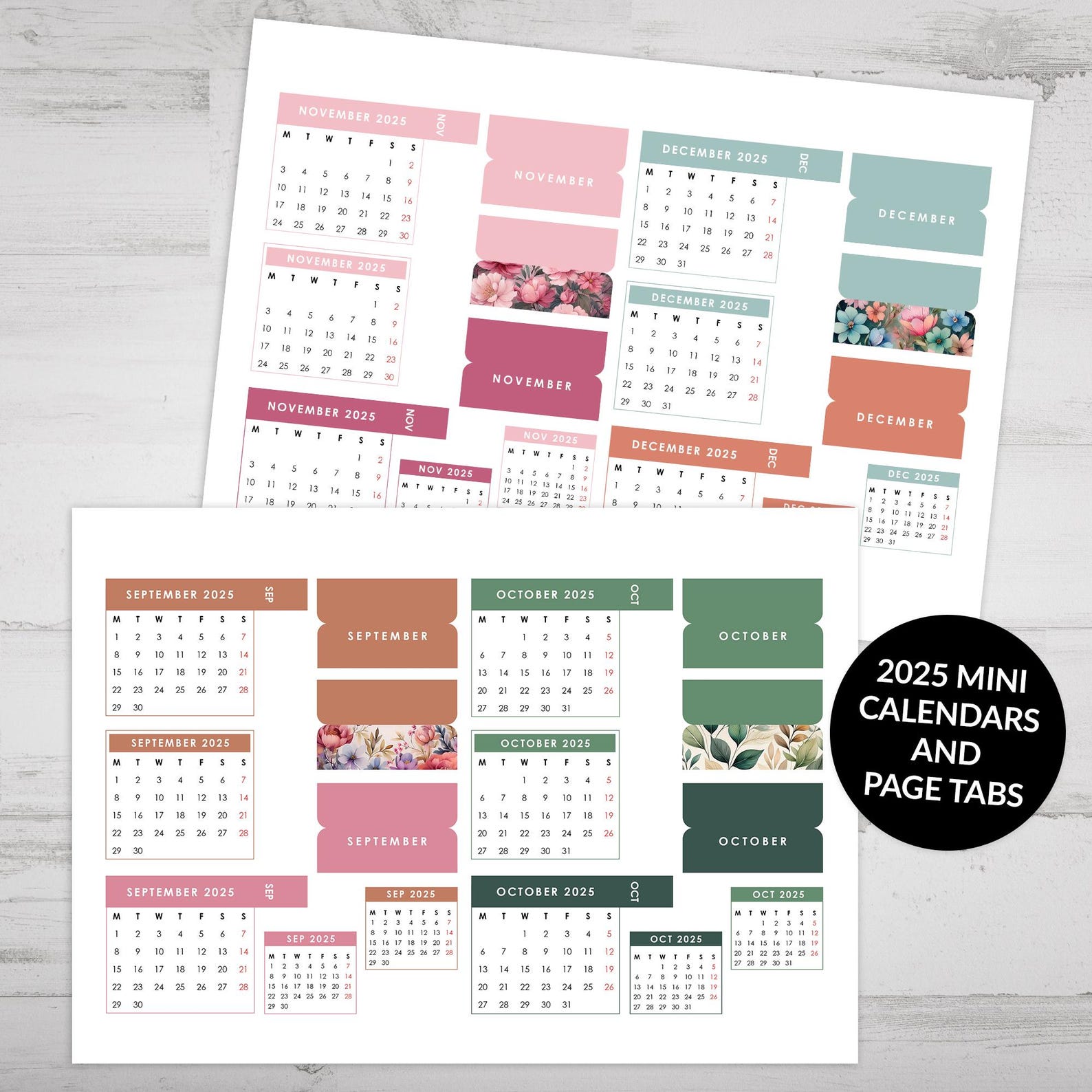 2025 Mini Monthly Calendars, Monthly Journal Page Tabs, Monthly Covers ...