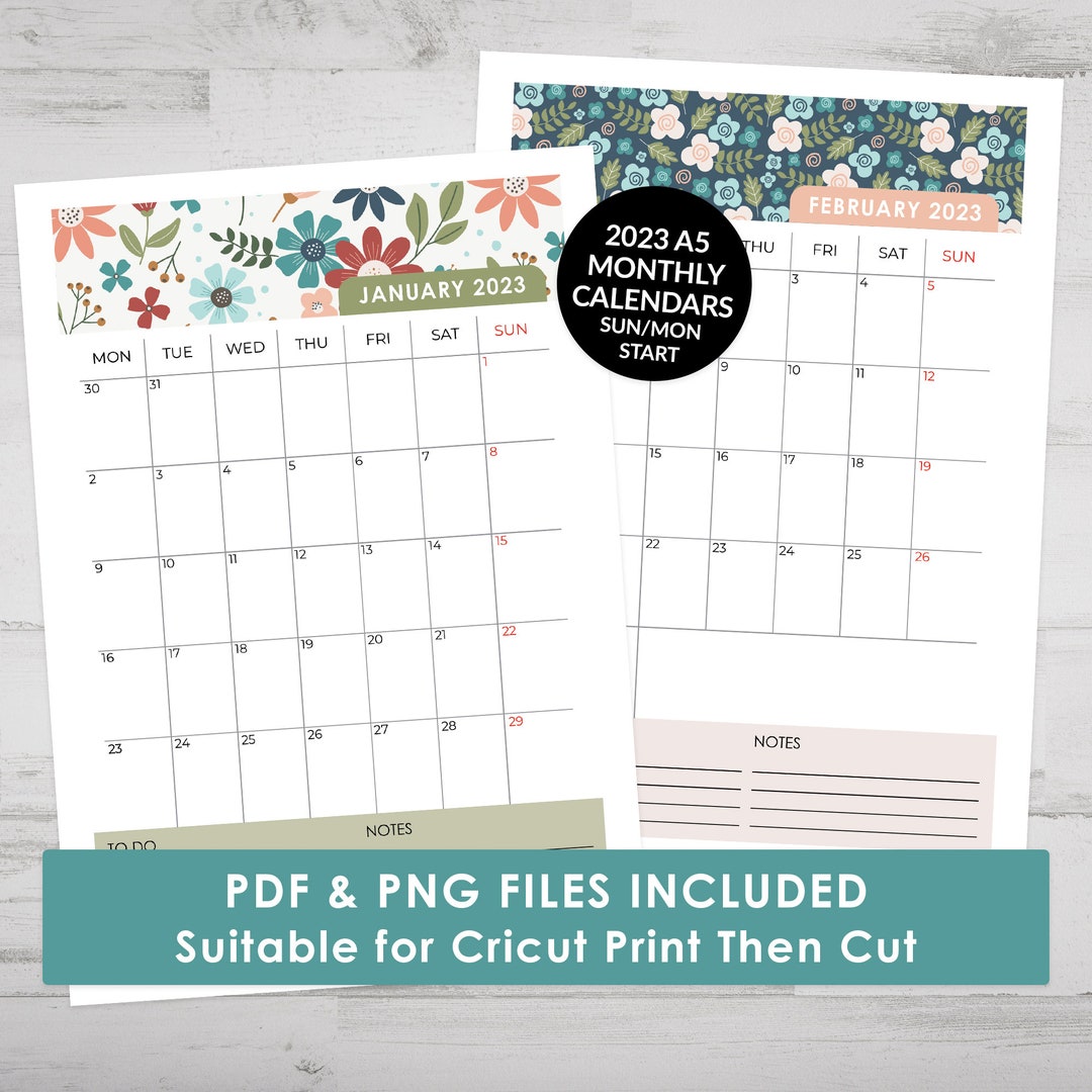 Printable 2023 Monthly Calendar A5 Size, Journal Calendar, Monthly ...