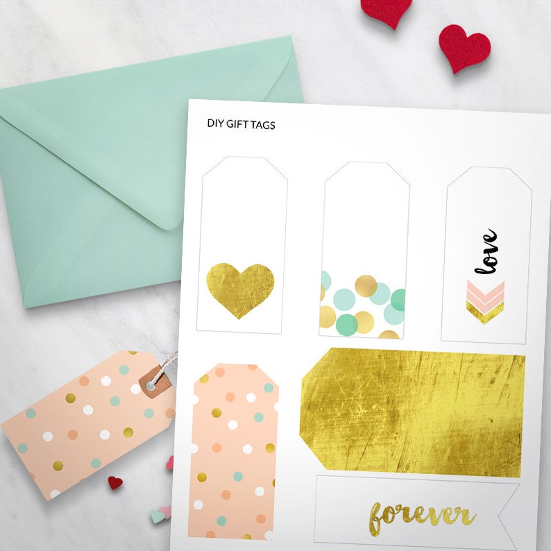 Printable Gift Tags Set of 6 - Gold Love Heart Design, Valentines Day ...