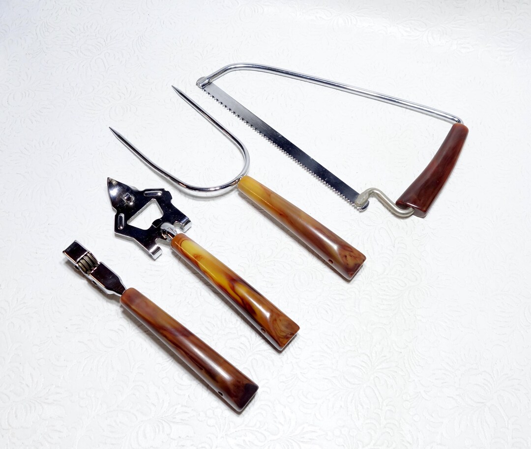 Mid Century Marbled Tortoise Shell Bakelite Handles Stainless Bone Saw ...
