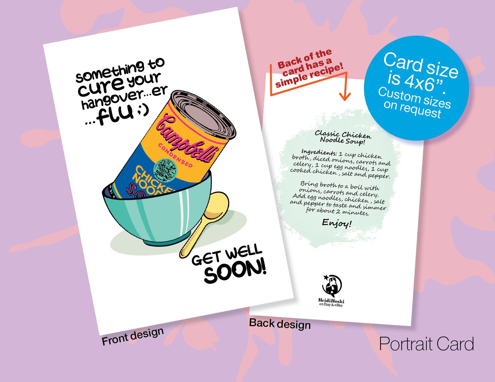 Printable GET WELL SOON Card, Chicken Noodle Soup Recipe Card, Pop Art ...