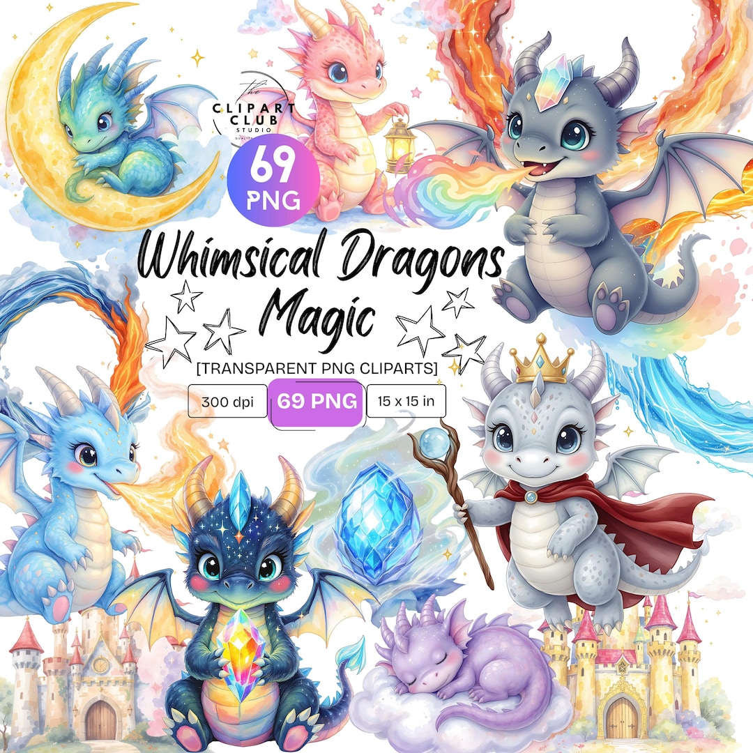 Whimsical Dragon Magic Clipart PNG Set | Premium Clipart | Cute ...