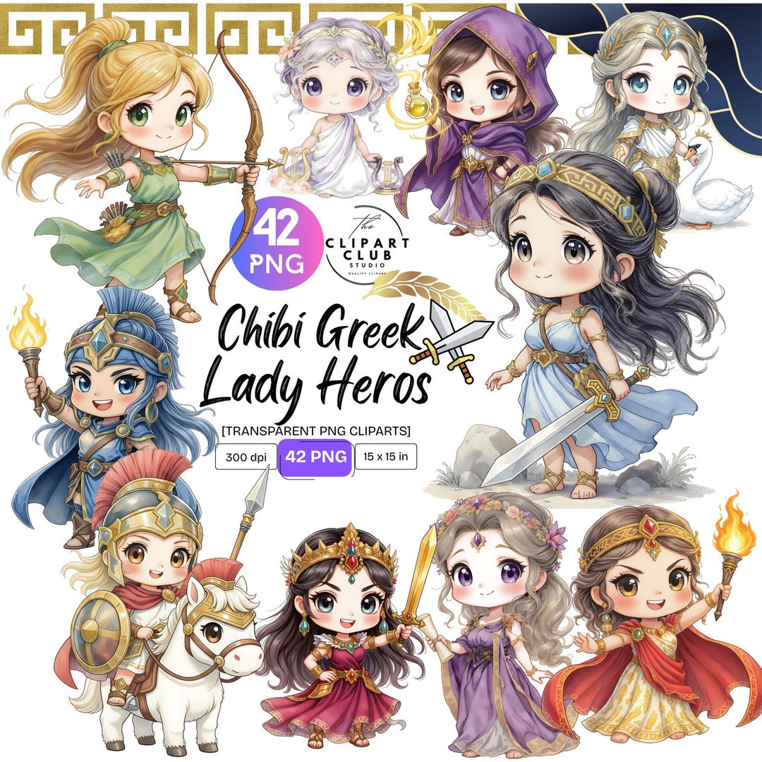 Greek Female Hero Clipart PNG Set | Cute Chibi Characters Clipart ...