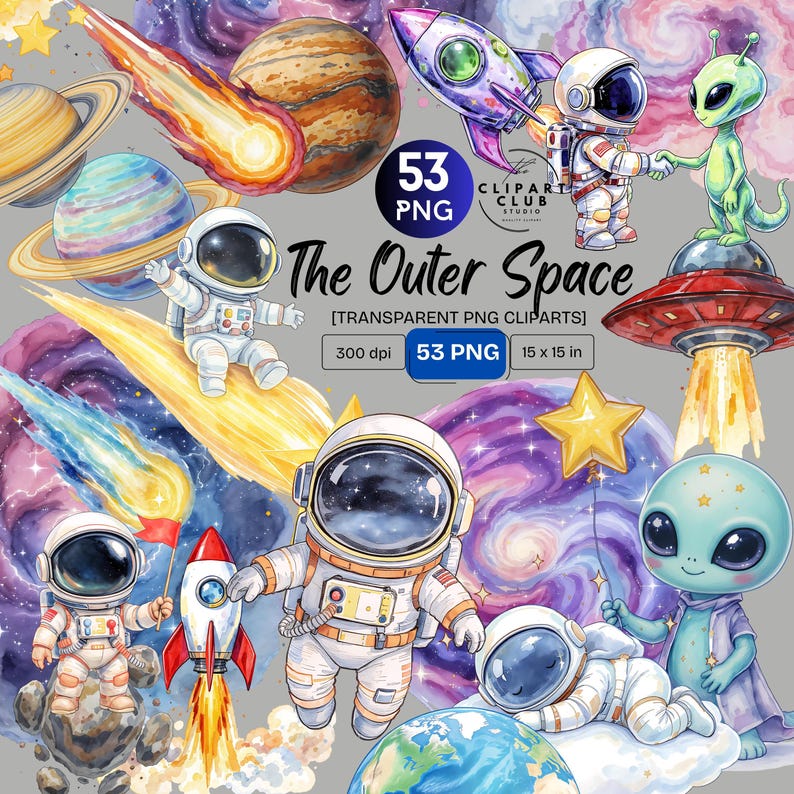 Outer Space Clipart PNG Set | Cute Characters Clipart | Astronauts ...