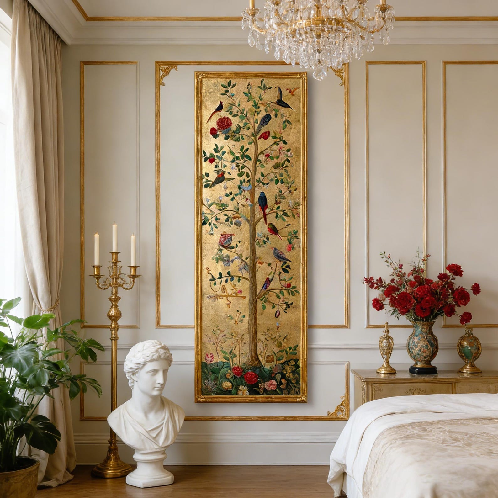 Original Bird Painting, Gold Decorative Artwork,long Paintings,long ...