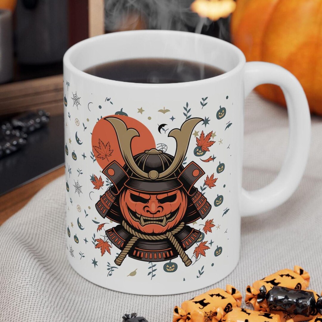 Samurai Pumpkin Coffee Mug: Jack O' Lantern Kabuto, Maple Leaf Art - Etsy